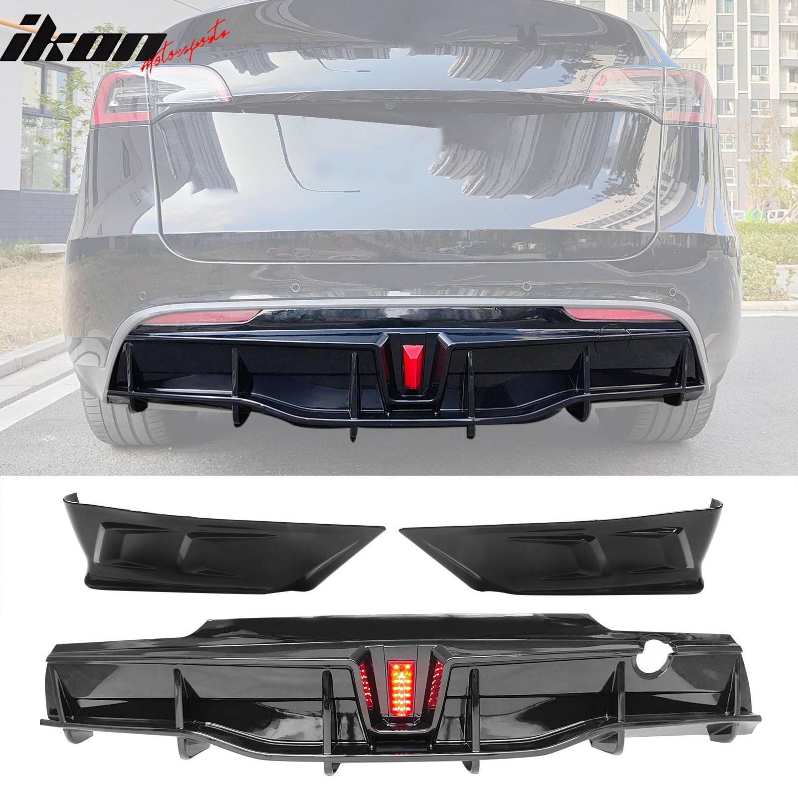 Fits 20-24 Tesla Model Y IKON Gloss Black Rear LED Diffuser Lip W ...