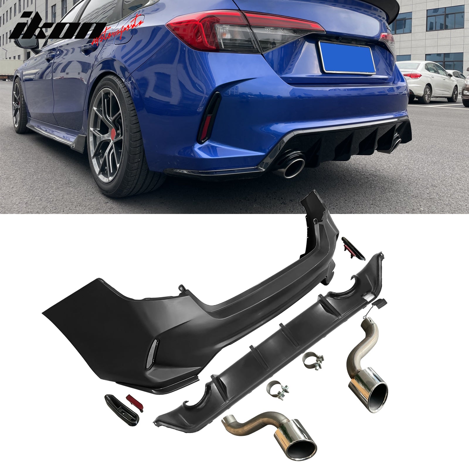 IKON MOTORSPORTS, Rear Bumper Cover + Diffuser + Exhaust Compatible ...