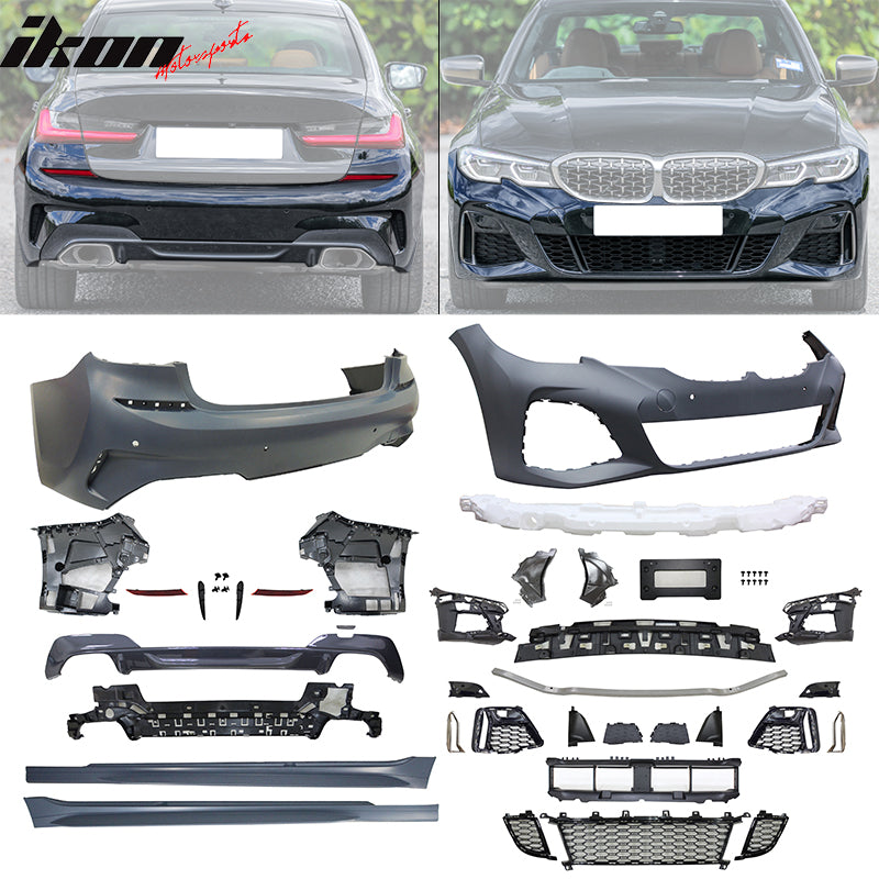 IKON MOTORSPORTS, M340 Style Front/Rear Bumper Covers W/ Sensor Holes ...