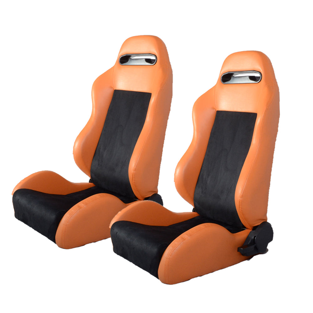 Orange PVC Leather Suede Black Racing Seats Pair Reclinable Slider ...